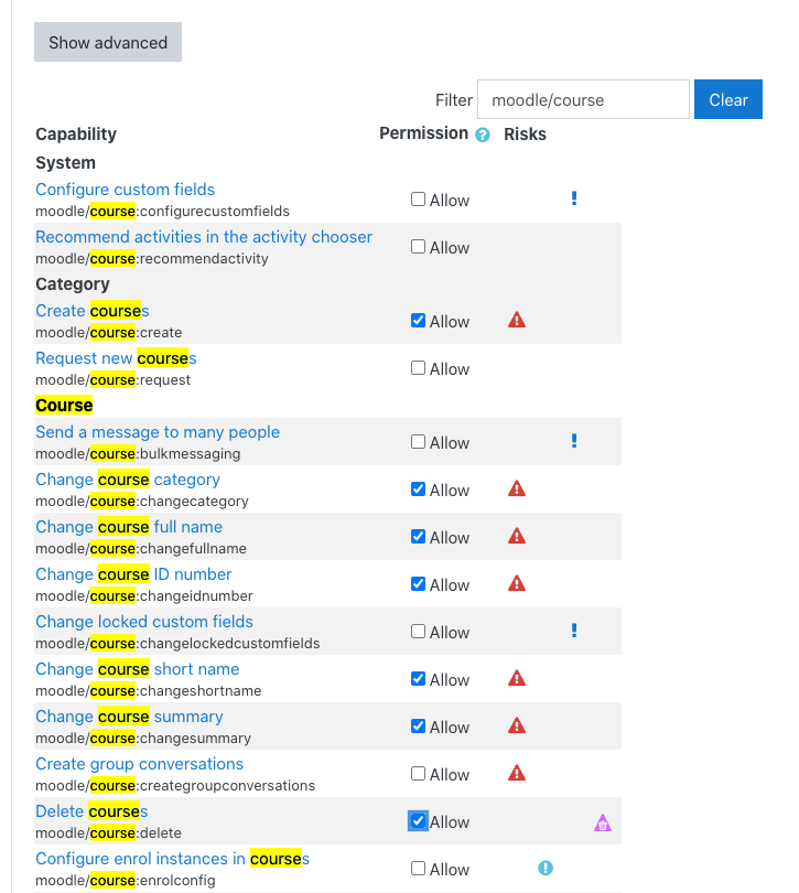 2.4: Comprobar la capacidad del usuario: crear un rol de Moodle que habilite todos los permisos ...